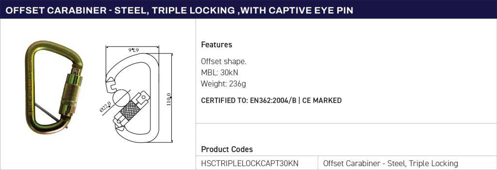 Offset Carabiner - Steel, Triple Locking with Captive Eye Pin 30kN ...